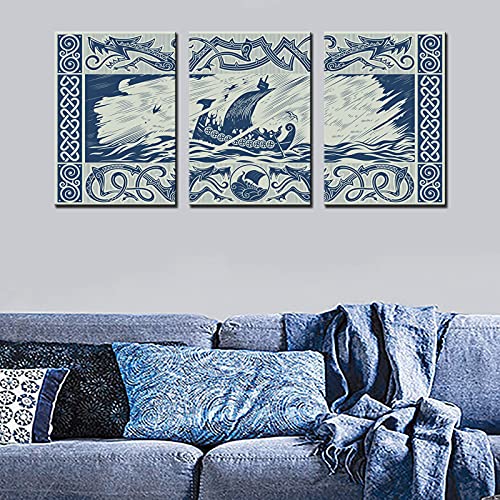 Tucocoo 3 Pieces Vikings Decor Canvas Wall Art Vikings Ship Drakkar with a Dragons Head Isolated on White for Bedroom and Living Room Art Work for Home Walls Ready to Hang 42X20Inch