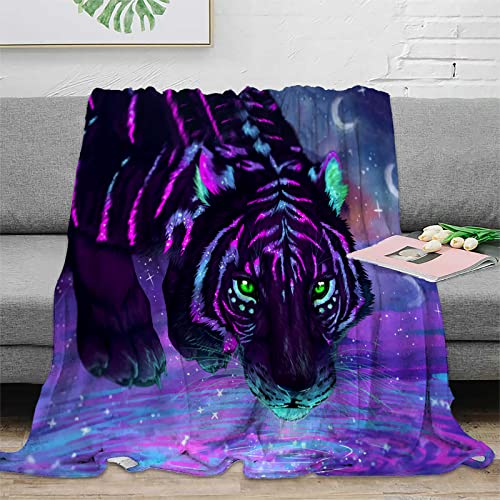 Tiger Blanket for Bed Sofa Couch 3D Wild Animal Print Throw Blanket Wildlife Blanket Galaxy Fuzzy Blanket Purple Blanket (51" x 59")