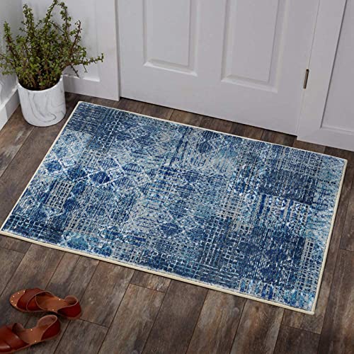 YoKii Navy Blue Geometric Distressed Throw Rug Texture 2x3 Faux Wool Modern Abstract Small Area Rug Fuzzy Kitchen Bathroom Mat Rubber Backed Vintage Diamond Low Pile Indoor Doormat (2x3, Navy Blue)