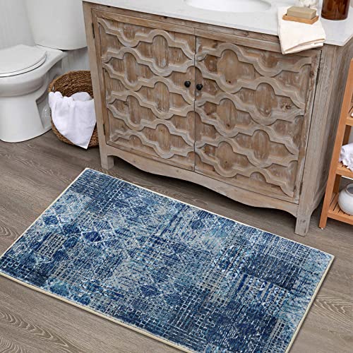 YoKii Navy Blue Geometric Distressed Throw Rug Texture 2x3 Faux Wool Modern Abstract Small Area Rug Fuzzy Kitchen Bathroom Mat Rubber Backed Vintage Diamond Low Pile Indoor Doormat (2x3, Navy Blue)