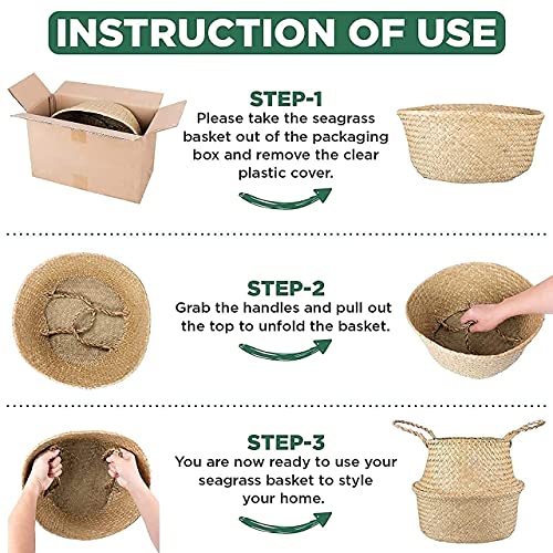 Blueming Home Decor Plant Basket β Large Seagrass Belly Basket Planter, Woven Rattan Wicker Plant Pot for Tall Indoor Plants with Handles, Round Decorative Boho Planters (Original, 10-11 Inch)