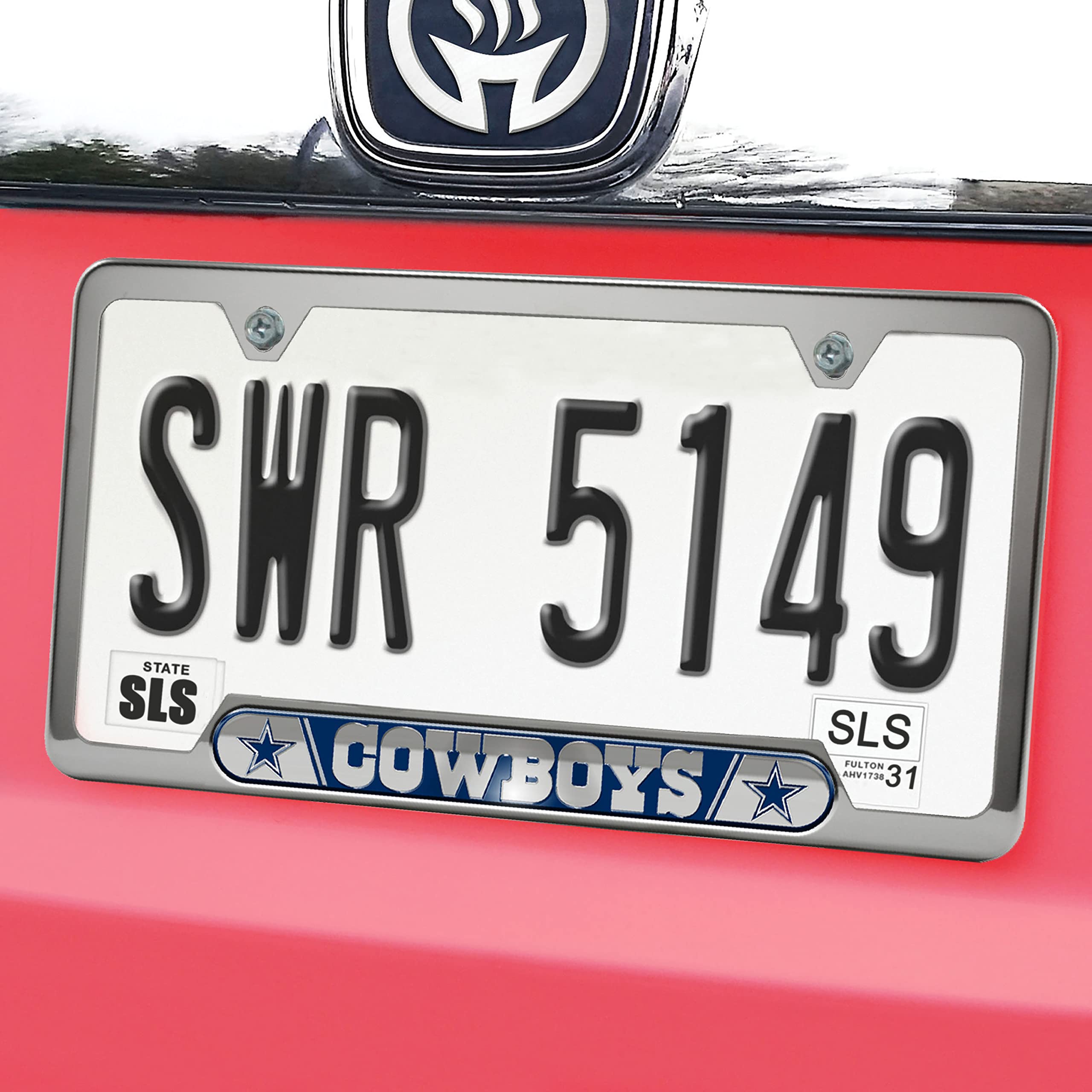 FANMATS 61950 Dallas Cowboys Embossed License Plate Frame, Stainless Steel Frame with Stamped Aluminum Team Logo Inserts, 6.25in x 12.25in