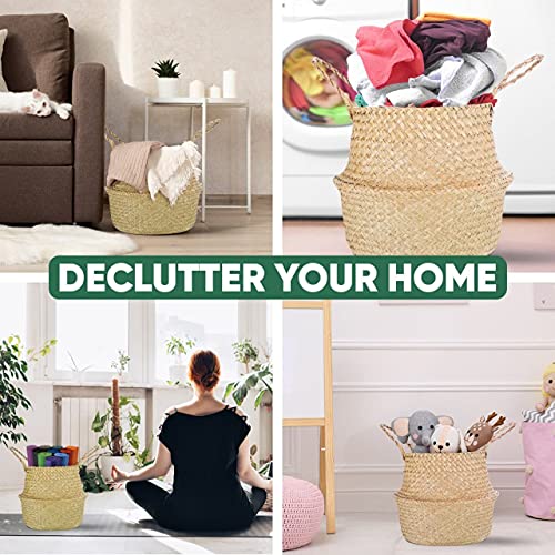 Blueming Home Decor Plant Basket β Large Seagrass Belly Basket Planter, Woven Rattan Wicker Plant Pot for Tall Indoor Plants with Handles, Round Decorative Boho Planters (Original, 10-11 Inch)