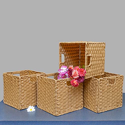 Foldable Synthetic Plastic Wicker Storage Basket with Iron Wire Frame By Blue Ridge Basket Company (Set of 4)