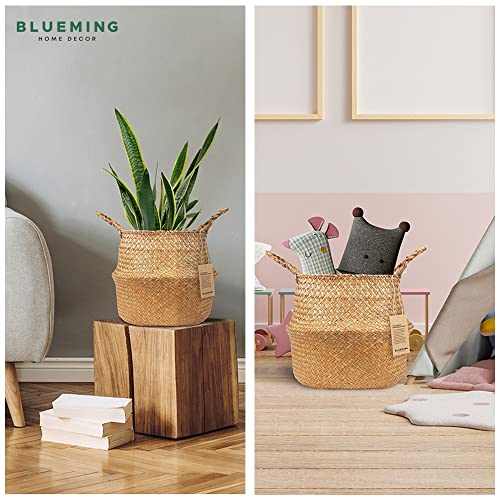 Blueming Home Decor Plant Basket β Large Seagrass Belly Basket Planter, Woven Rattan Wicker Plant Pot for Tall Indoor Plants with Handles, Round Decorative Boho Planters (Original, 10-11 Inch)