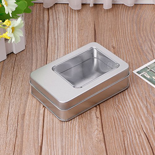 HELYZQ Rectangular Tin Silver Storage Box Case Organizer with Half Clear Window Lid