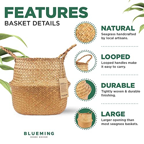Blueming Home Decor Plant Basket β Large Seagrass Belly Basket Planter, Woven Rattan Wicker Plant Pot for Tall Indoor Plants with Handles, Round Decorative Boho Planters (Original, 10-11 Inch)