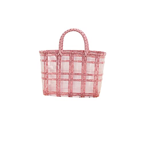 Women Straw Tote Bag Handmade Rattan Transparent Handbag Beach Handwoven Shoulder Bag Large Capacity Shopping Bag (Pink,L)