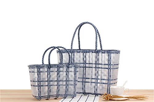Women Straw Tote Bag Handmade Rattan Transparent Handbag Beach Handwoven Shoulder Bag Large Capacity Shopping Bag (Pink,L)