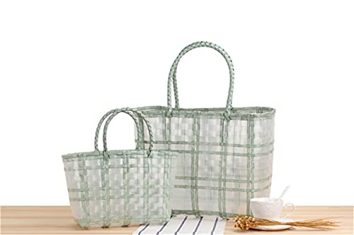 Women Straw Tote Bag Handmade Rattan Transparent Handbag Beach Handwoven Shoulder Bag Large Capacity Shopping Bag (Pink,L)