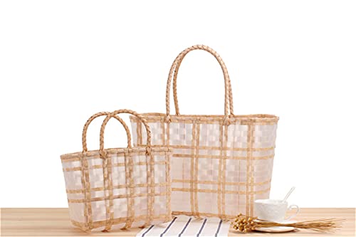 Women Straw Tote Bag Handmade Rattan Transparent Handbag Beach Handwoven Shoulder Bag Large Capacity Shopping Bag (Pink,L)