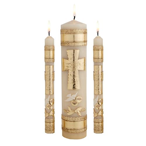 Wedding Unity Candle Set for Ceremonies, Gold Tone Commitment Candles Ornate Centerpiece for Marriage Reception and Ceremony, 3 Pieces Included