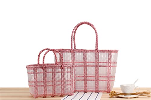 Women Straw Tote Bag Handmade Rattan Transparent Handbag Beach Handwoven Shoulder Bag Large Capacity Shopping Bag (Pink,L)