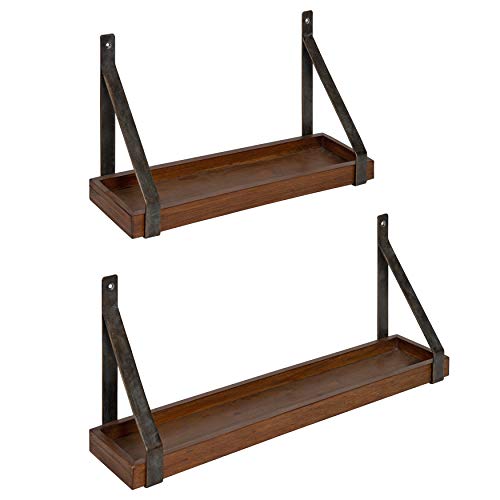 Kate and Laurel Sudbury Rustic Plant Wall Shelf, Set of 2, Rustic Caramel Wood and Iron Metal, Chic Farmhouse-Inspired Floating Shelf Set