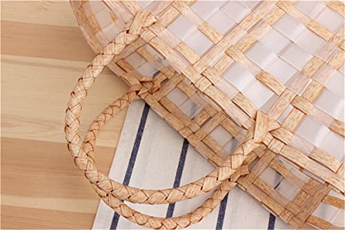 Women Straw Tote Bag Handmade Rattan Transparent Handbag Beach Handwoven Shoulder Bag Large Capacity Shopping Bag (Pink,L)