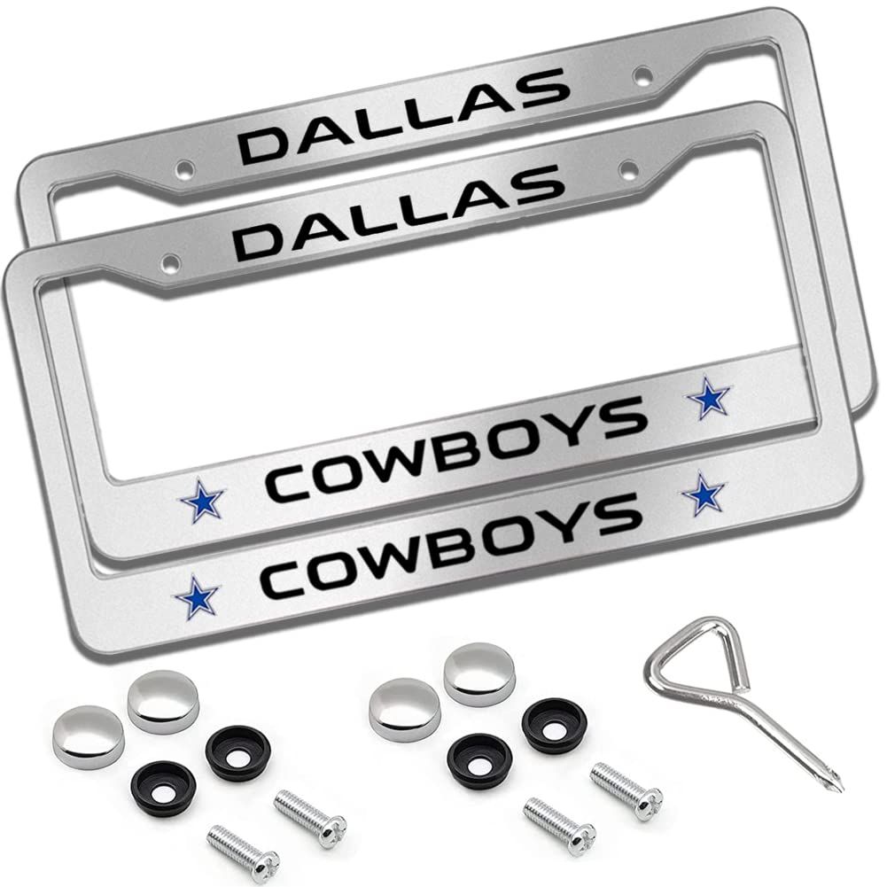 2 Pack Fit Cowboys License Plate Frames, Car Tag License Plate Cover for Cowboys,Silver