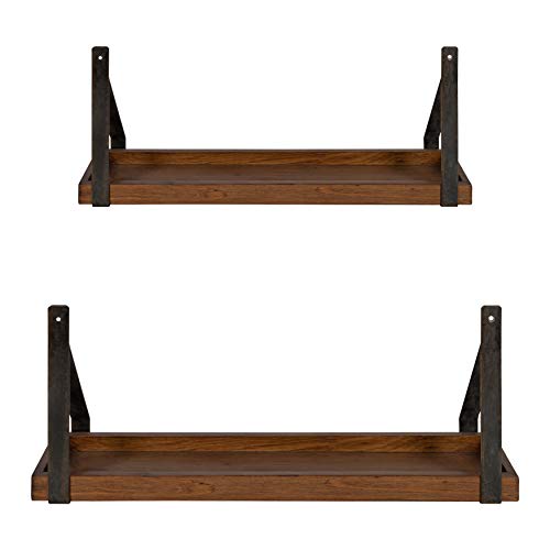 Kate and Laurel Sudbury Rustic Plant Wall Shelf, Set of 2, Rustic Caramel Wood and Iron Metal, Chic Farmhouse-Inspired Floating Shelf Set