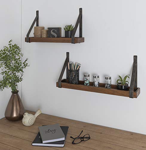 Kate and Laurel Sudbury Rustic Plant Wall Shelf, Set of 2, Rustic Caramel Wood and Iron Metal, Chic Farmhouse-Inspired Floating Shelf Set