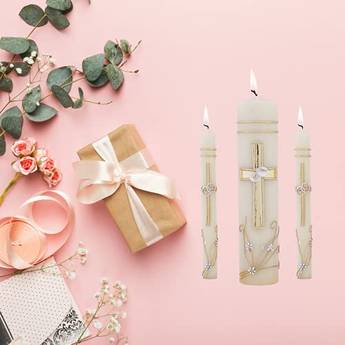 Wedding Unity Candle Set for Ceremonies, Gold Tone and Silver Toned Ornate Centerpiece Candles, 3 Pieces Included