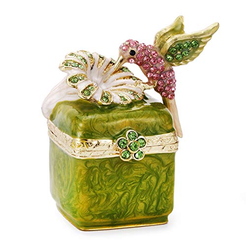 Hand Painted Hummingbird Trinket Box, Hinged Enameled Jewelry Box, Unique Mini Ring Earrings Jewelry Organizer, Vintage Bejeweled Storage, Figurine Collectible Keepsake Home Decor (Hummingbird-1)