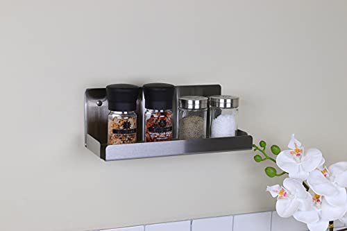 Deco Gables Designs 4 Modern Brushed Stainless Steel Spice Racks Floating Wall Shelf Hanging Durable Polished Solid Metal for Home Kitchen Dining Room with Mounting Hardware 10 Inches Wide Set of 4