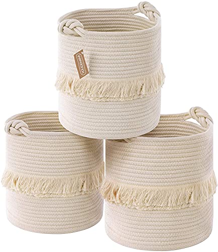 Woven Cotton Rope Farmhouse Storage Basket - 3 Pack 11 Inches Round Cube Decorative Organizer Bins with Cute Handles for Dog Toy, Clothes - Baby Girls Boys Nursery Decor
