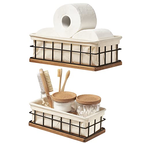 BAOBAB WORKSHOP Bundle - 2 Items: Wood and Wire Baskets with Floating Shelves for Bathroom Decor, Toilet Paper Storage, Living Room Bedroom and Kitchen