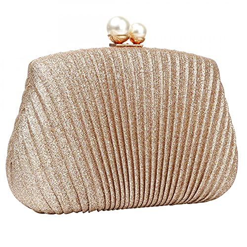 Womens Clutch Shell beads Evening Bag Wedding Bridal Prom Purse and Shoulder Handbag (Rose gold color)