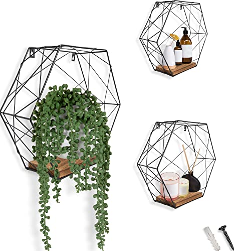 Comfify Industrial Wall Mounted Honeycomb Floating Shelves Set of 3 Decorative Hexagon Metal Wire Shelves β Large, Medium and Small - Modern Shelves for Home, Office and More - Rustic Brown