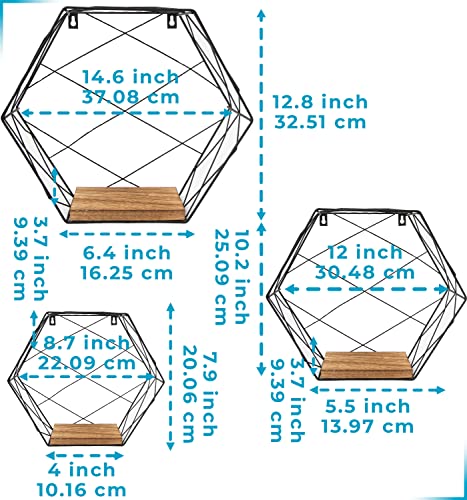Comfify Industrial Wall Mounted Honeycomb Floating Shelves Set of 3 Decorative Hexagon Metal Wire Shelves β Large, Medium and Small - Modern Shelves for Home, Office and More - Rustic Brown