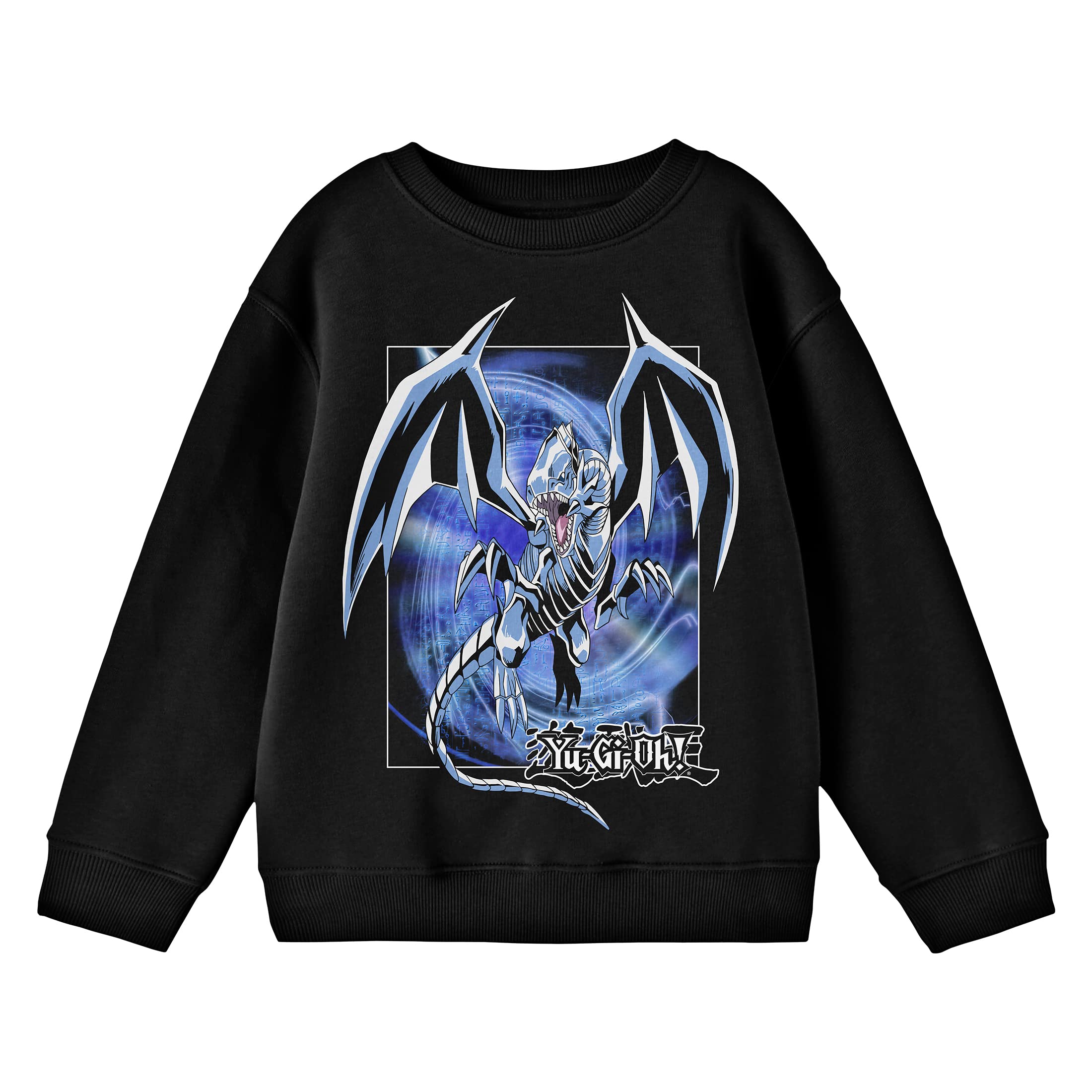 Yu-Gi-Oh Blue-Eyes White Dragon Crew Neck Long Sleeve Black Fleece Youth Tee-Large