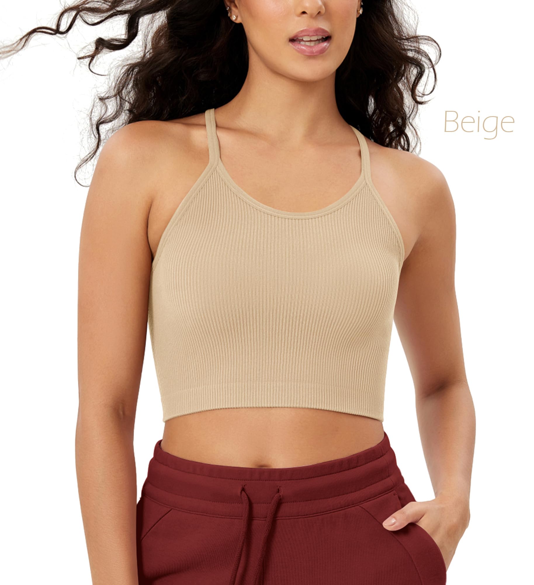 ODODOS Women's Crop Camisole 3-Pack Washed Seamless Rib-Knit Crop Tank Tops, Beige Coral Teal, X-Small/Small