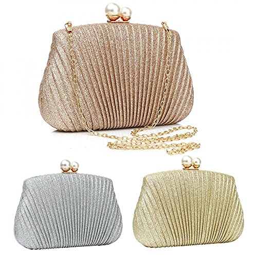 Womens Clutch Shell beads Evening Bag Wedding Bridal Prom Purse and Shoulder Handbag (Rose gold color)