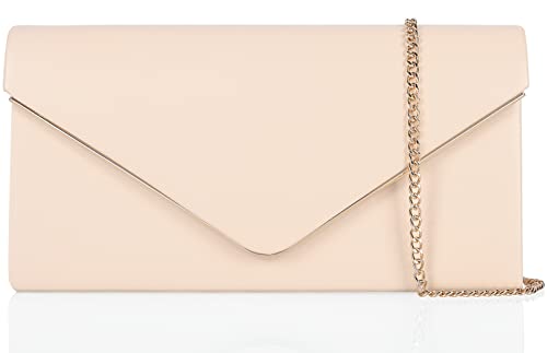 Vegan Leather Envelope Clutch Bag Classic Dressy Purse Foldover Evening Handbag Nude