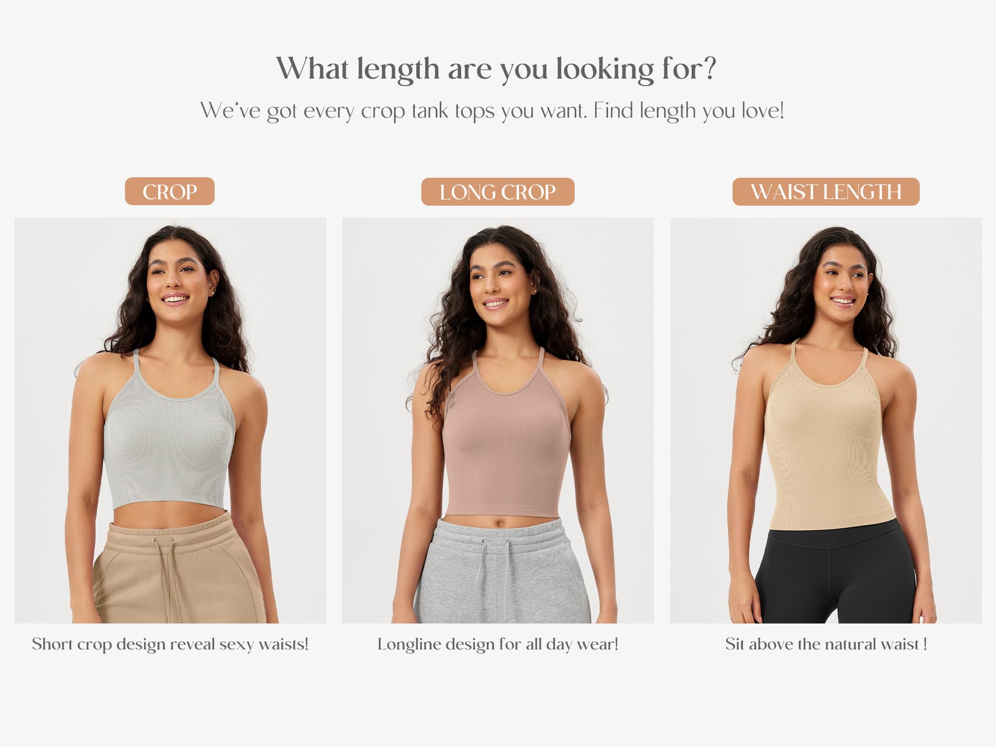 ODODOS Women's Crop Camisole 3-Pack Washed Seamless Rib-Knit Crop Tank Tops, Beige Coral Teal, X-Small/Small