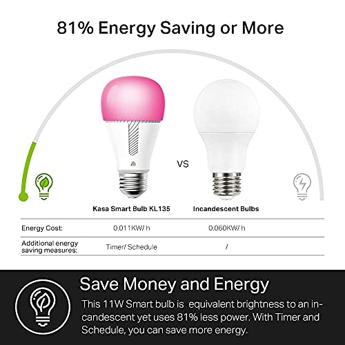 Kasa Smart Bulb, 1000 Lumens Full Color Changing Dimmable Smart WiFi Light Bulb Compatible with Alexa and Google Home, 11W, A19, 2.4Ghz only, No Hub Required, A Certified for Humans Device (KL135P2)