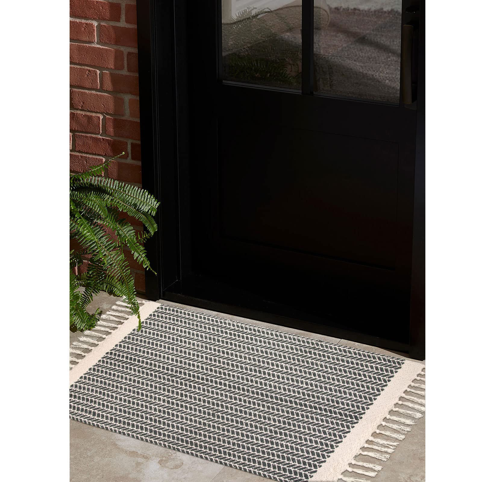 Lahome Boho Bathroom Rugs, Small 2x3 Entry Rug Washable Front Door Bath Mat Woven Cotton Area Rug with Tassels, Farmhouse Non Shedding Lightweight Grey Throw Rug Low Pile Carpet for Kitchen
