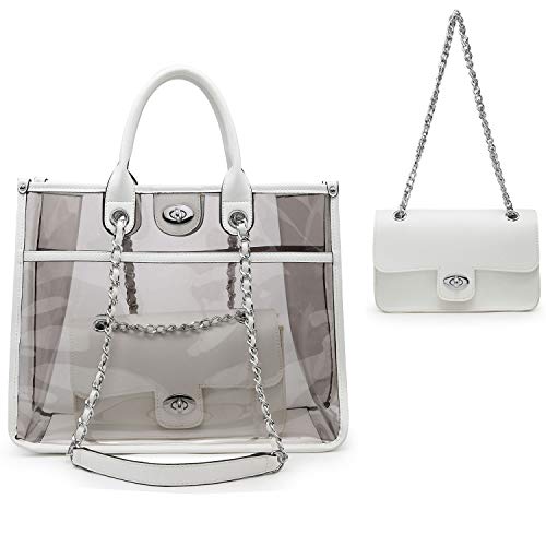 Large Clear Tote Bag Top handle Bag for Women Handbag Messenger Crossbody Purse With Turn Lock Closure (2 Sets) (White)