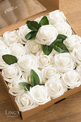Ling's Moment Artificial Flowers Ivory Foam Fake Roses with Stems 25pcs for DIY Wedding Bridal Shower Centerpieces Tables Decorations Party