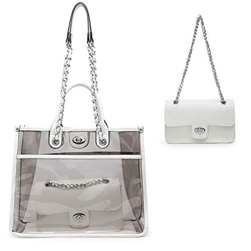 Large Clear Tote Bag Top handle Bag for Women Handbag Messenger Crossbody Purse With Turn Lock Closure (2 Sets) (White)