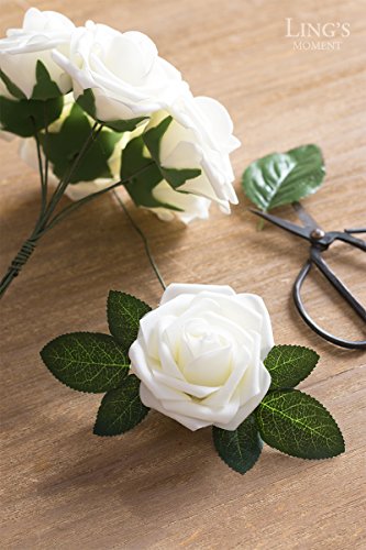 Ling's Moment Artificial Flowers Ivory Foam Fake Roses with Stems 25pcs for DIY Wedding Bridal Shower Centerpieces Tables Decorations Party