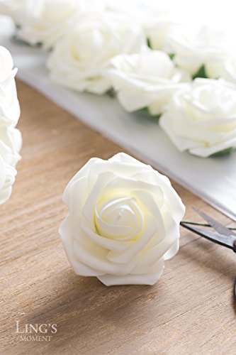 Ling's Moment Artificial Flowers Ivory Foam Fake Roses with Stems 25pcs for DIY Wedding Bridal Shower Centerpieces Tables Decorations Party