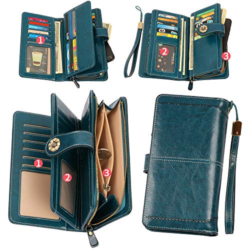 Pearl Angeli Women Wallet Genuine Leather Charming Ladies Wristlet Tri-fold Rfid Blocking Credit Card Holder Organizer Clutch Navy (Peacock Blue)