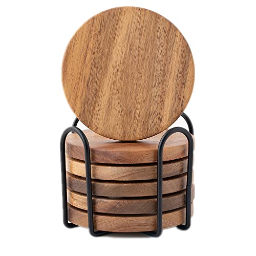 Wood Coasters for Drinks Tabletop Protection with Holder Set of 6, Acacia Wooden Coasters for Coffee Table Desk Round with Non-Slip Pad Cup Coasters for Home Office Christmas Decor 4 Inch