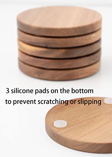 Wood Coasters for Drinks Tabletop Protection with Holder Set of 6, Acacia Wooden Coasters for Coffee Table Desk Round with Non-Slip Pad Cup Coasters for Home Office Christmas Decor 4 Inch