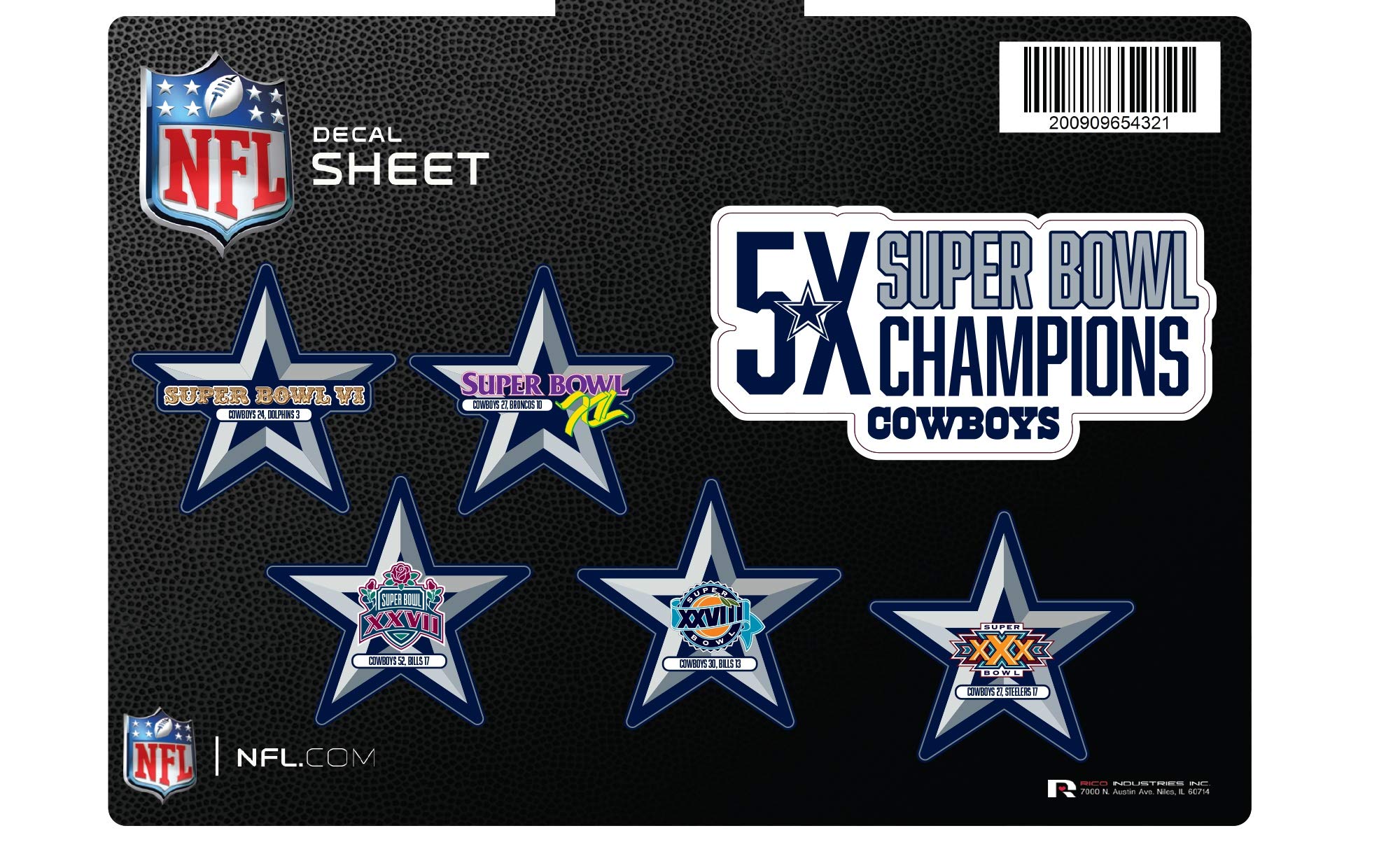Rico Industries NFL Football Dallas Cowboys Champ 5 Pack Decal Sheet 6" x .25"