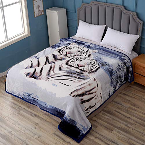 Faux Fur Throw Blanket Queen Size - 75"x90" Soft Plush Warm Faux Mink Bed - Blankets (Queen (75"x90"), Snow Tigers)