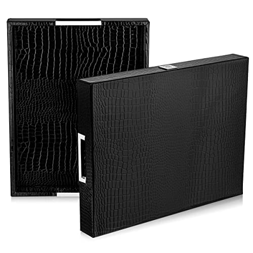 COZY GATHERINGS Leather Decorative Tray Glossy Black Crocodile Alligator with Shiny Metal Handles Storage Serving Trays for Coffee Table, Dinning, Kitchen, Ottoman, Living Room & Modern Home Décor