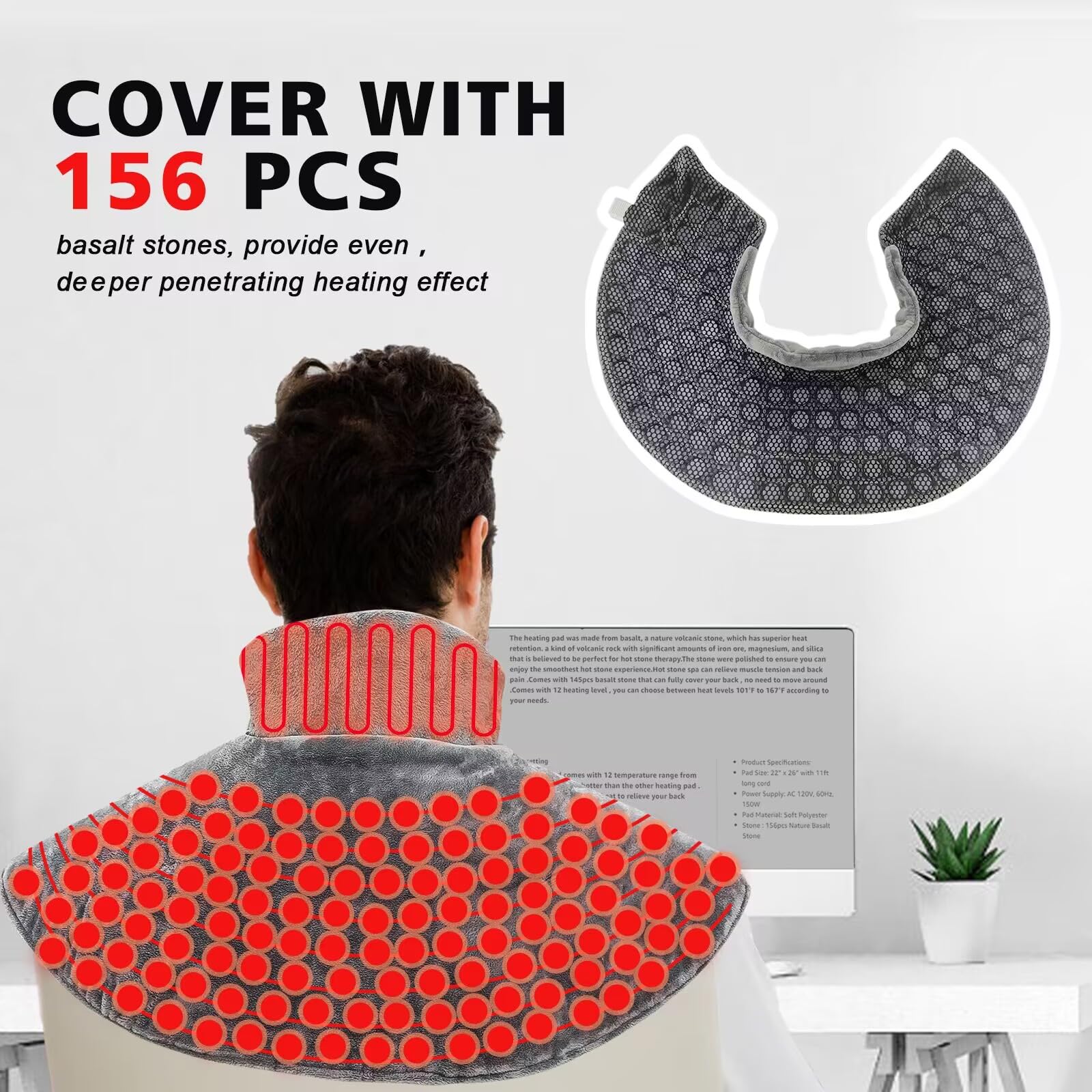 ZXU Jade Stone Heating Pad for Neck and Shoulder, 22" x26“ Electric Heated Neck Shoulder Wrap,Auto Shut Off Weighted 2.3lb,12 Heat Setting and 1-24h Auto-Off,Stay on Function,Hot Heated Pad