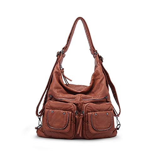 handbags & shoulder bags for woman super soft washed PU leather hobo bags multiple use woman's cross body bag backpack (Brown)